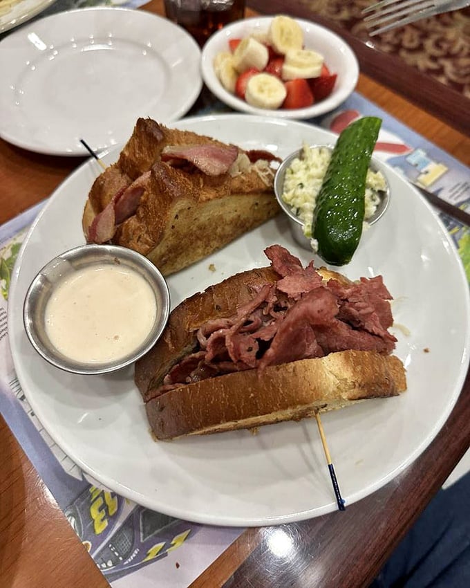 The Reuben sandwich—where corned beef, sauerkraut, and Russian dressing hold their delicious summit meeting. Diplomacy never tasted so good.