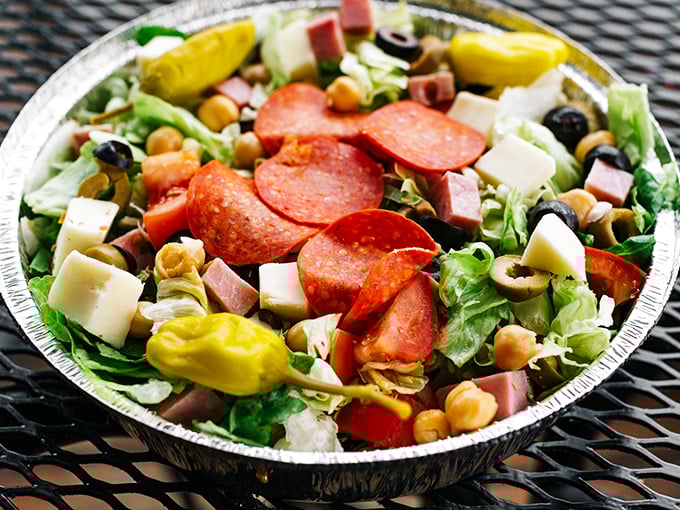 The antipasto salad – where vegetables pretend to be healthy while hanging out with pepperoni and cheese in a delicious identity crisis.