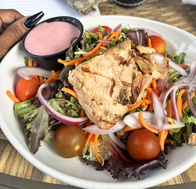 This salmon salad isn't just eating your greens – it's a colorful celebration where the fish is the guest of honor and every vegetable brought its A-game.