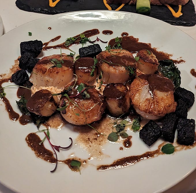 Scallops so perfectly seared they deserve their own Instagram account. That sauce is doing things that should probably be illegal in several states.