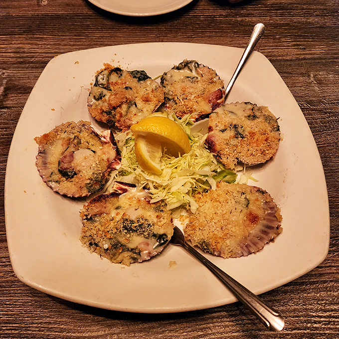Scallops Rockefeller bringing the drama to your table like Broadway in the desert—buttery, golden, and ready for their standing ovation.