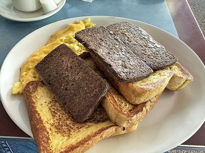 Toast, eggs, and scrapple—the holy trinity of Maryland breakfast that proves sometimes the best things come on plain white plates.