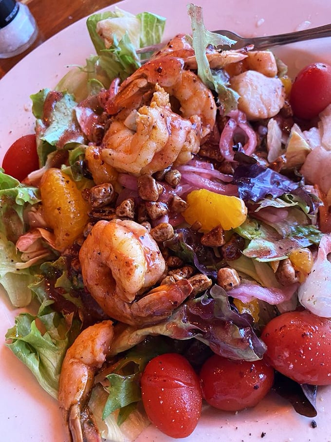 A salad that doesn't apologize for being healthy – those plump shrimp and colorful veggies are having too much fun together.