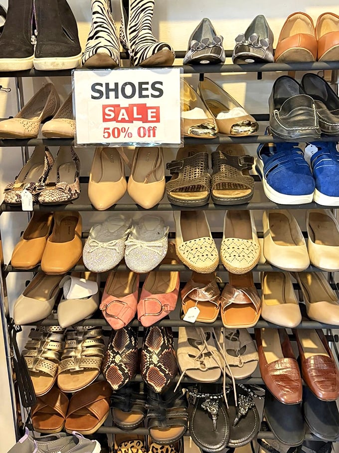 Shoe paradise where zebra prints meet practical flats. At 50% off, you can finally justify those blue suede shoes Elvis sang about.