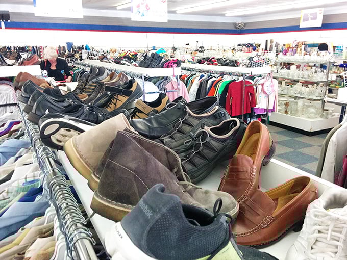 The shoe section—where leather loafers and practical pumps await their second act in someone else's wardrobe story.