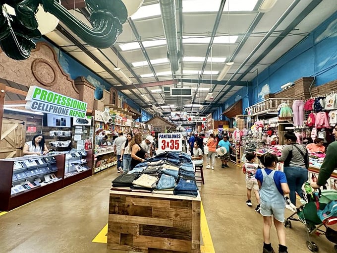 The market hums with weekend energy as shoppers hunt for deals. Notice the "3x$35" sign—math becomes much more interesting when bargains are involved.