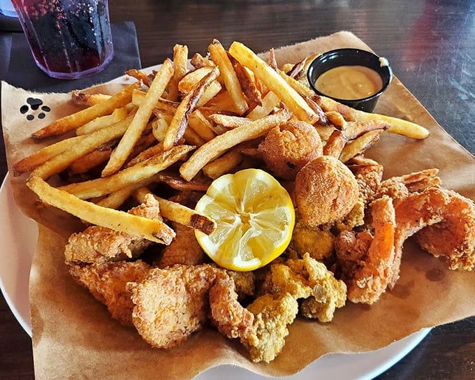 Cornmeal-crusted perfection with fries that could start their own fan club. The lemon wedge isn't garnish—it's essential supporting cast.