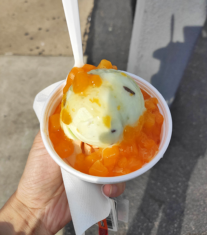 Peach ice cream swimming in its own juices—proof that sometimes the simplest combinations are culinary poetry in a cup.