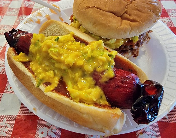 When a hot dog and barbecue have a beautiful love child—this smoked sausage sandwich topped with that signature mustard slaw is culinary poetry.