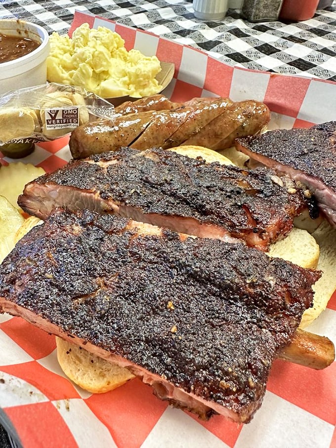 These ribs and potato salad aren't just lunch—they're a reminder that happiness is sometimes as simple as perfectly smoked meat on a red checkered paper.