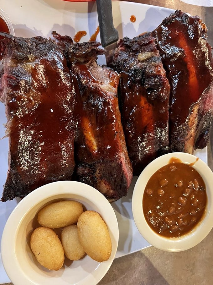 Behold: meat candy. These ribs with their side of beans and potato puffs are what I'd request for my last meal on Earth.