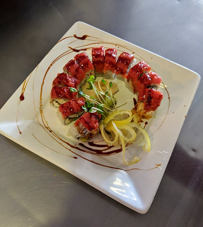 Spicy tuna tartare arranged in a perfect circle – proof that sometimes the most beautiful art belongs on a plate, not a wall.