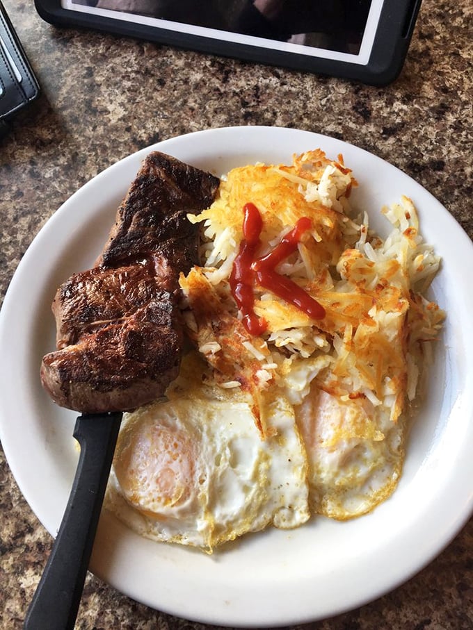 A steak and eggs plate that answers the eternal question: "Why choose between breakfast and dinner when you can have both?"