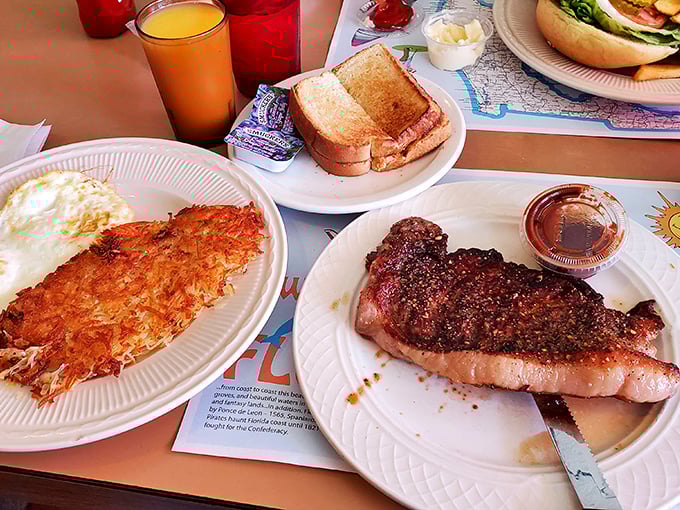 The breakfast of champions: a perfectly seared steak alongside crispy hash browns and eggs—proof that sometimes the simplest pleasures are the most profound.