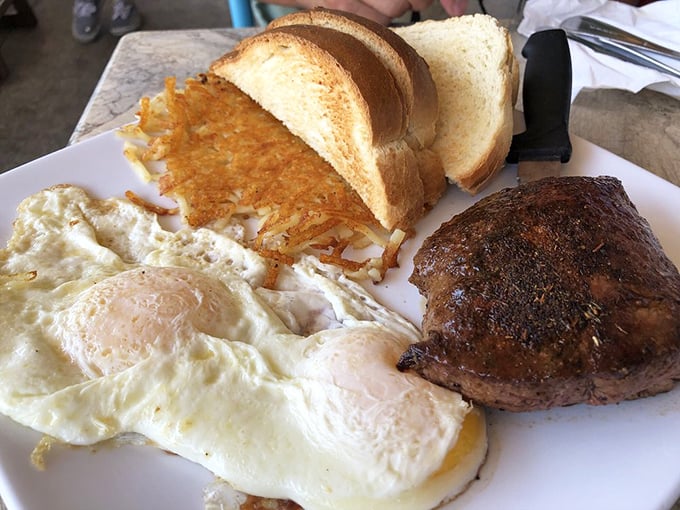 When eggs, steak, and toast share a plate, it's not just breakfast—it's a power meeting where everyone brings their A-game.