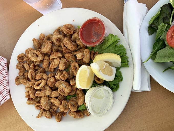 These crispy calamari pieces aren't just fried – they're transformed into addictive morsels that disappear faster than beach parking on July 4th.