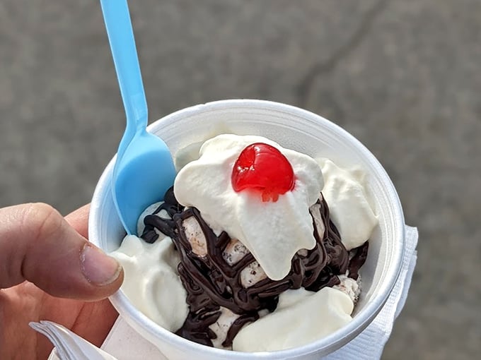 A sundae that whispers "sophistication" while shouting "indulgence"—chocolate, vanilla, whipped cream, and zero regrets.