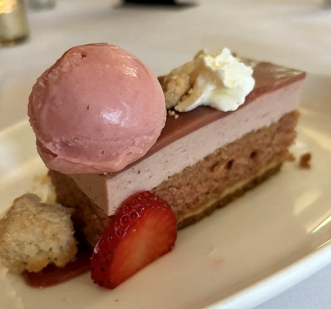 Strawberry mousse cake that makes you wonder why chocolate gets all the attention. That sorbet sidekick deserves its own fan club.