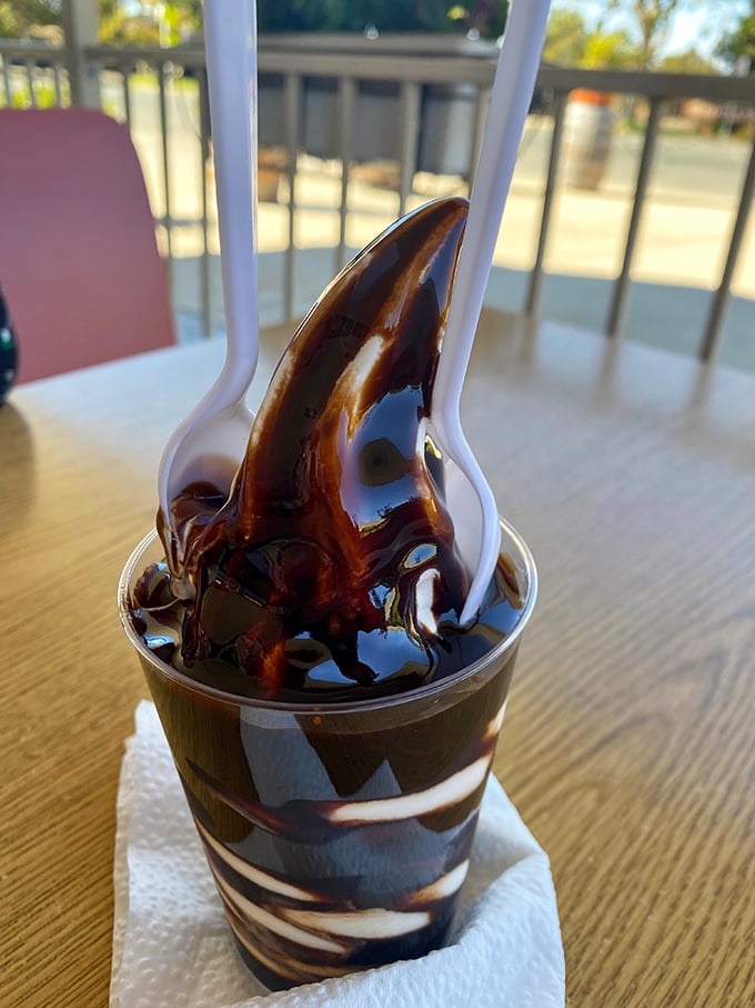 This swirl of chocolate and vanilla isn't just dessert—it's a portable happiness machine for those scorching Lodi summer days.