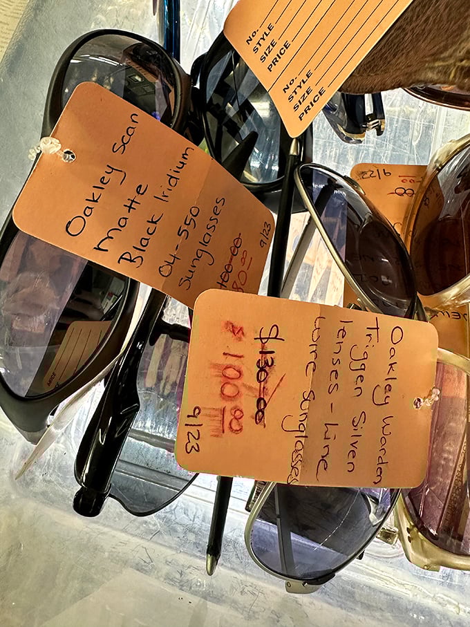 Designer sunglasses with handwritten price tags – proof that protecting your eyes from California sunshine doesn't require emptying your wallet.