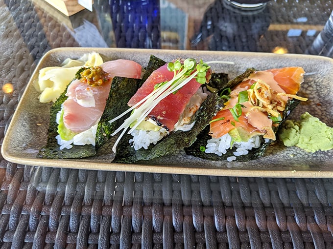 Sushi that's dressed better than most people at a Hollywood premiere. These colorful hand rolls deliver flavor bombs with every artistic bite.