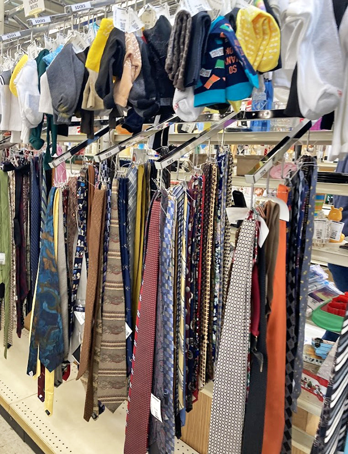 The necktie section: where corporate America's cast-offs find new life. That silk paisley number might have once closed million-dollar deals—now it can be yours for pocket change.