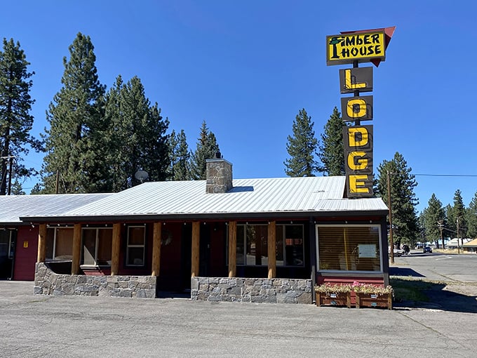 The Timber House Lodge sign has been guiding hungry travelers for decades – like a rustic North Star for those whose stomachs are their compass.