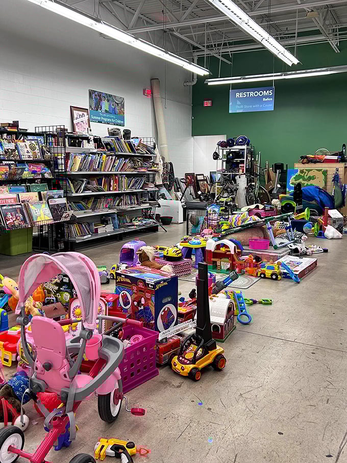 A colorful explosion of childhood joy—the toy section offers everything from ride-ons to board games, where budget-conscious parents find yesterday's favorites.