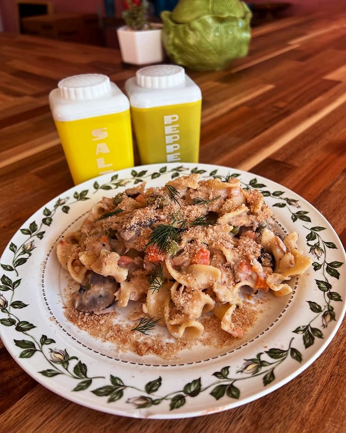 Not your college dorm noodle dish—this creamy pasta creation with fresh dill sprinkled on top elevates comfort food to art form.