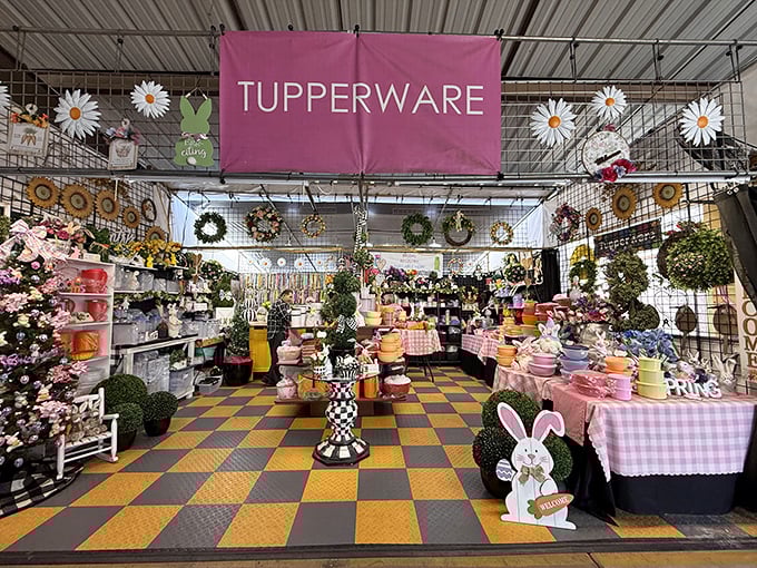 The Tupperware booth: where your grandmother's kitchen organization dreams come with a side of floral nostalgia.