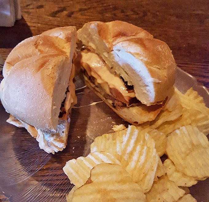 This sandwich isn't just cut in half—it's displaying its inner workings like a delicious architectural cross-section worthy of study.