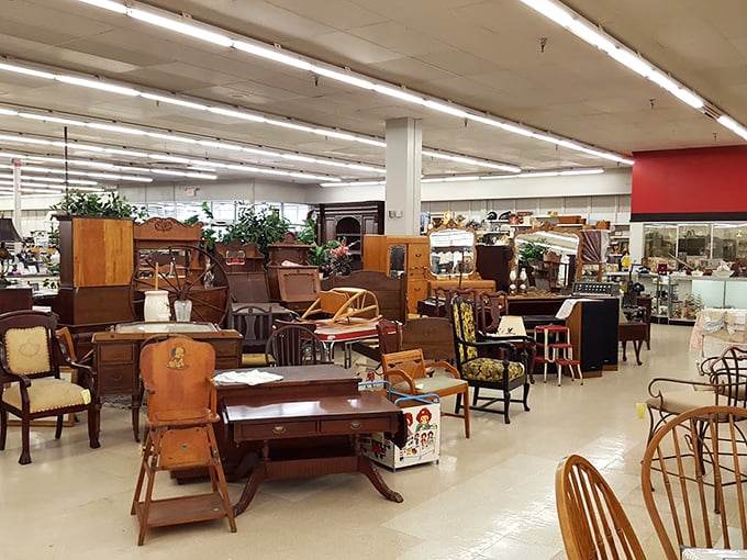 This furniture section is like a time capsule of American living rooms. That wooden desk has probably seen homework from multiple generations.