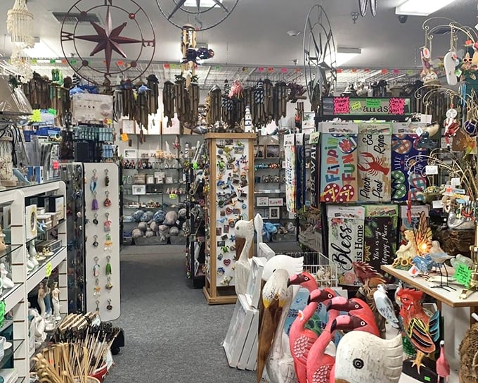 Coastal kitsch meets Florida flair in this sea-themed wonderland. Flamingos, seashells, and wind chimes create a symphony of souvenir possibilities.