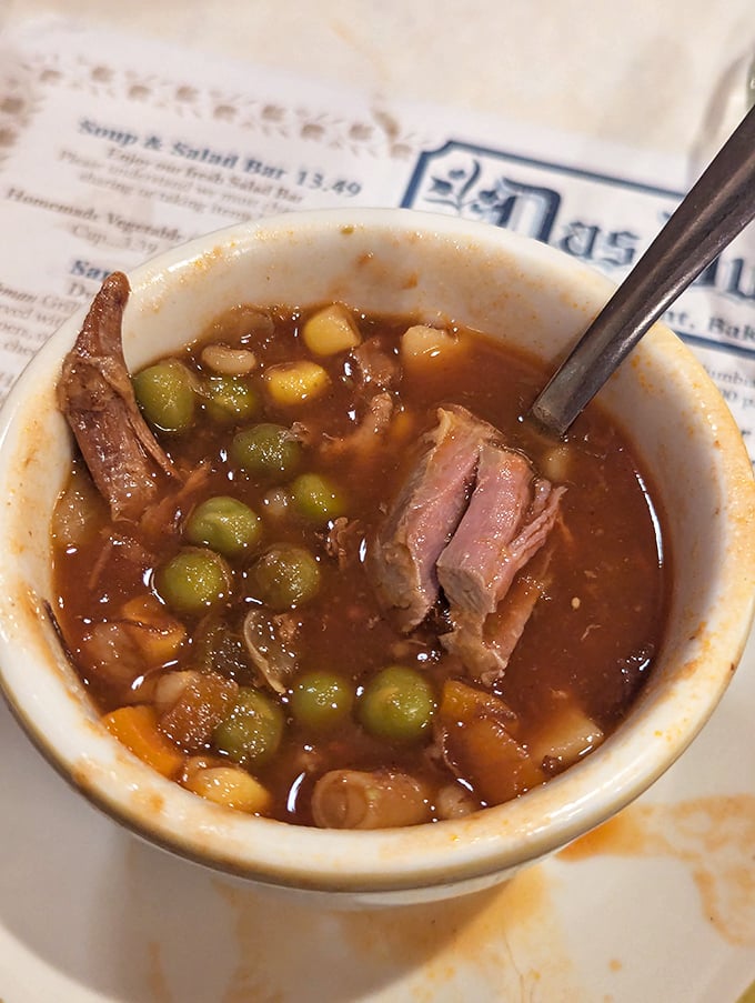 This isn't just vegetable soup—it's what happens when vegetables fulfill their highest calling in life. Note the perfect meat-to-pea ratio!