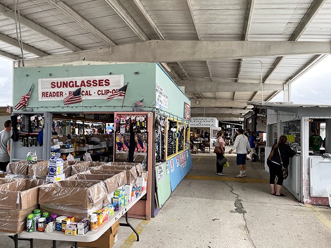 Sunglasses and sundries await beneath the metal roof. In Florida, proper eye protection isn't just fashion—it's practically mandatory equipment.