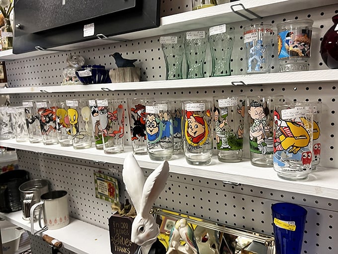 Nostalgia in liquid form – these cartoon character glasses probably held chocolate milk for kids who are now contemplating retirement.