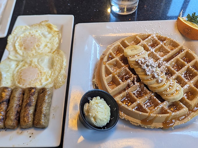 A Belgian waffle with sliced bananas that makes you wonder why anyone would ever skip breakfast. Morning architecture at its finest.