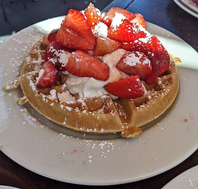 This waffle isn't just wearing strawberries—it's flaunting them. The powdered sugar snowfall completes a breakfast that's basically acceptable dessert.