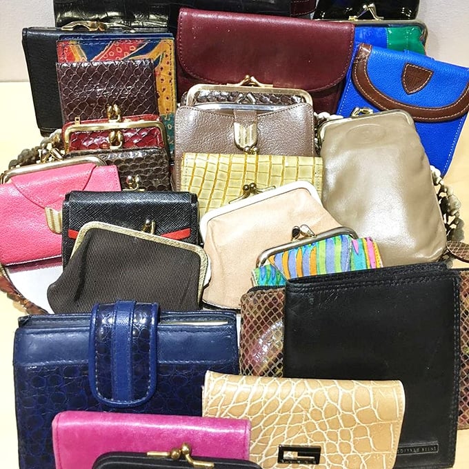 A leather lover's dream—vintage wallets and purses in every color imaginable. Someone's former fashion statement becomes your new conversation piece.