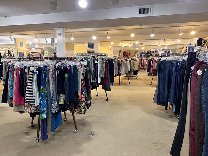 The clothing section—where yesterday's fashion finds new life. That star-patterned blue scarf is calling your name.