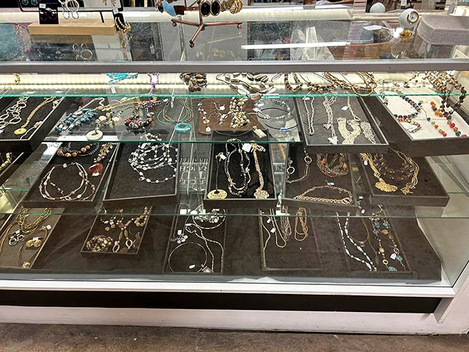 The jewelry display case sparkles with potential, offering accessories that range from subtle elegance to statement-making bold.