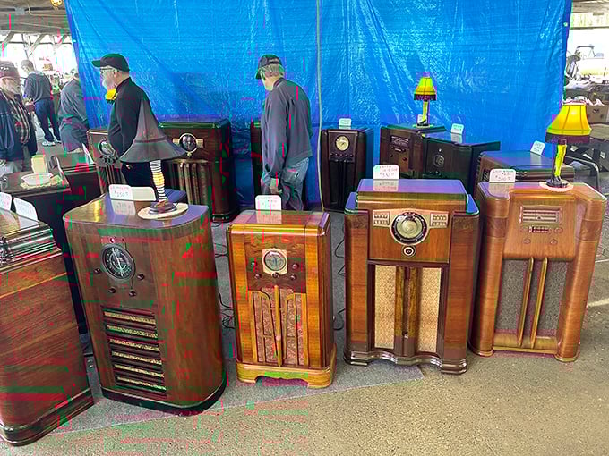 These aren't just radios; they're time machines. Wooden cabinets house the voices and music that once gathered families around in living rooms across America.