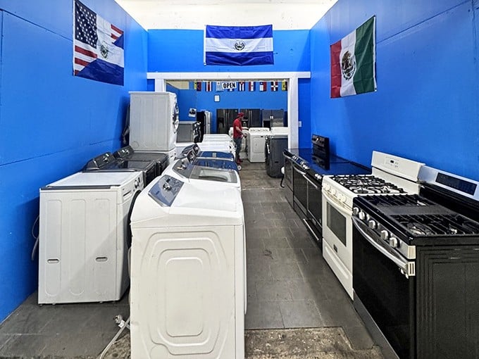 An appliance alley that celebrates cultural diversity with flags overhead—because washing machines and stoves speak the universal language of clean clothes and home cooking.