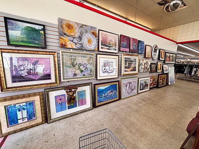 Framed artwork covers the walls like a garage sale gallery, offering instant home decoration for every taste imaginable.