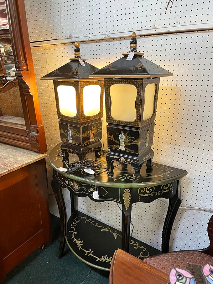 Asian-inspired lamps illuminate more than space—they showcase the delicate artistry of cultural fusion on an elegantly painted table.
