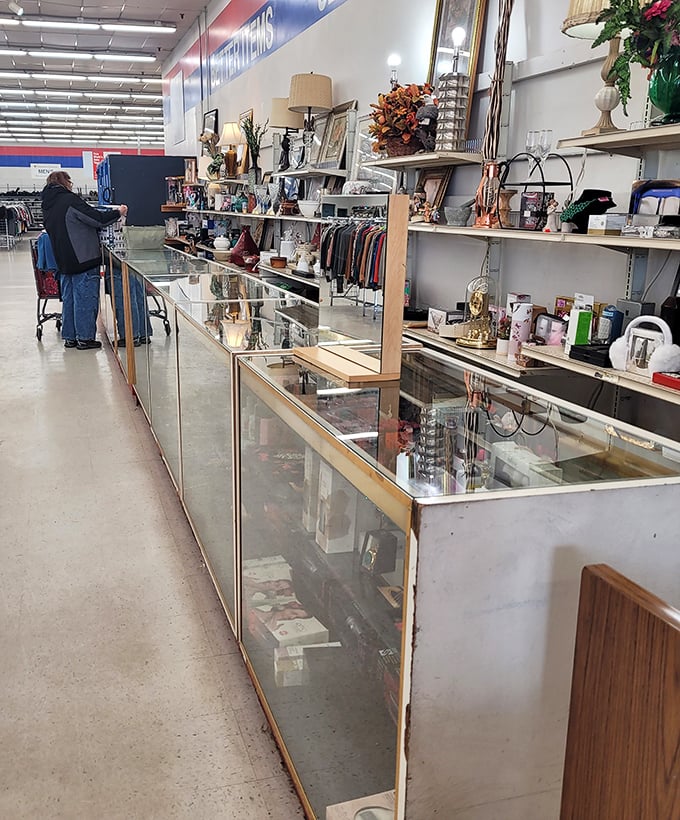 The jewelry and collectibles counter—where yesterday's knick-knacks become today's conversation pieces for your mantel or bookshelf.