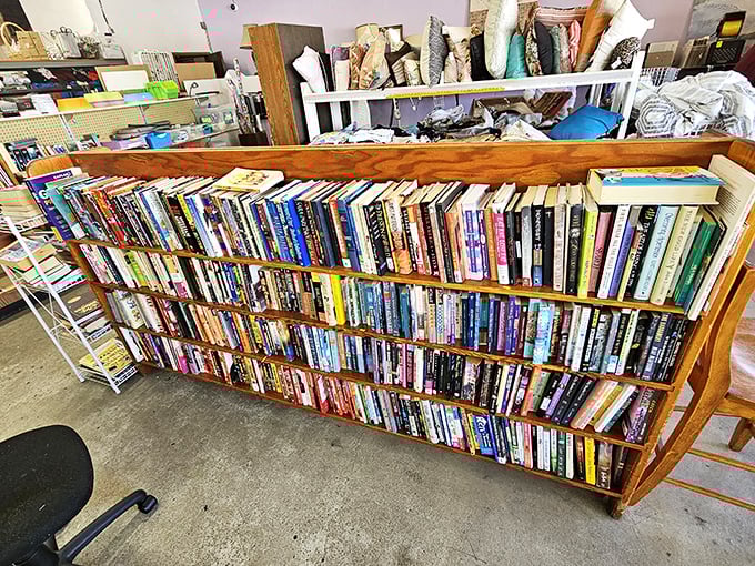 This wooden bookshelf holds more stories than just those printed on pages—a literary buffet where every genre gets a seat at the table.