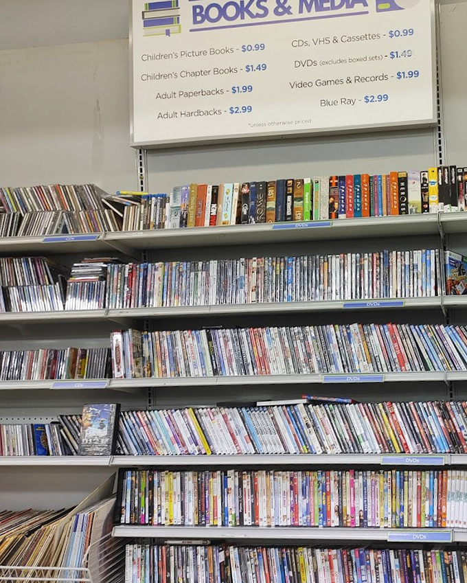 The media section: where forgotten DVDs and paperbacks await their next chapter. Literary treasures hiding in plain sight for less than a fancy coffee.
