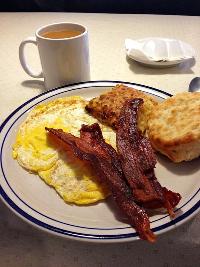 Crispy bacon, sunny eggs, and a biscuit that's clearly been to finishing school - breakfast doesn't get more straightforward or satisfying.