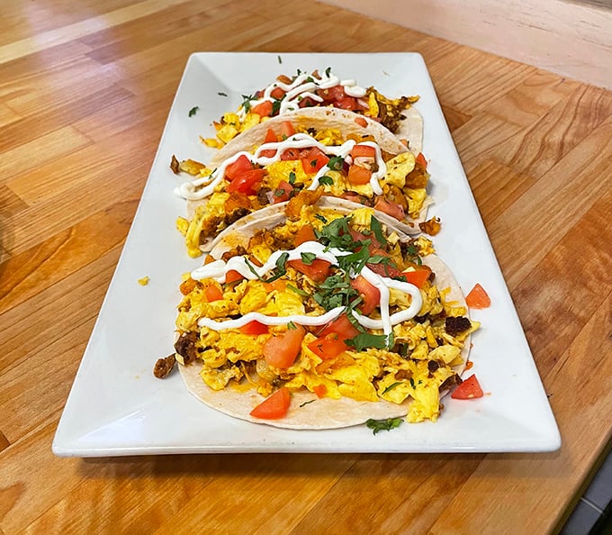 Breakfast tacos: for when you need your morning wrapped in a tortilla blanket. Fresh, colorful, and perfectly portable breakfast engineering.